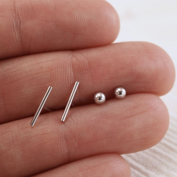 Dot + Dash Studs - Minimalist Stud Earrings - Sterling Silver Bar Stud - TheBlissfulCo